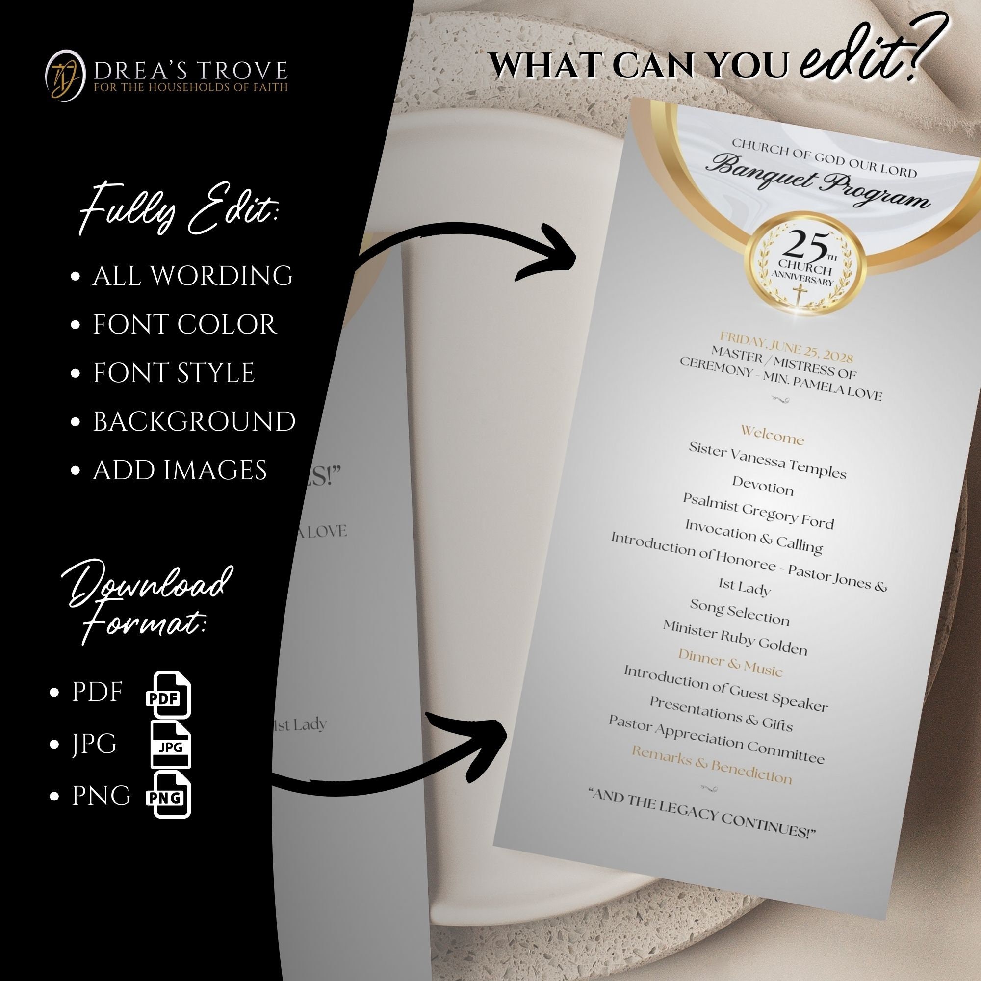 Church Banquet Menu Table Card Template | Silver, White, Gold (CANVA ...