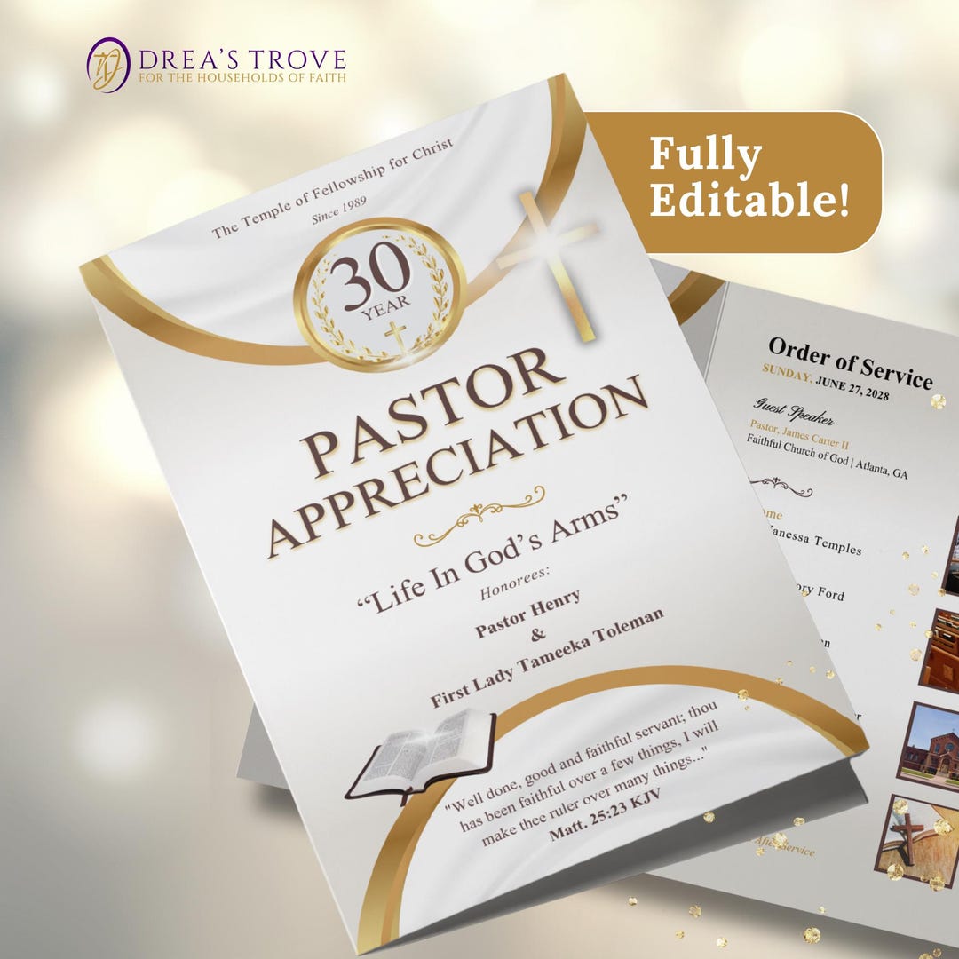 Pastor Appreciation Program Template | Gold Church Anniversary (editable Canva) - Etsy