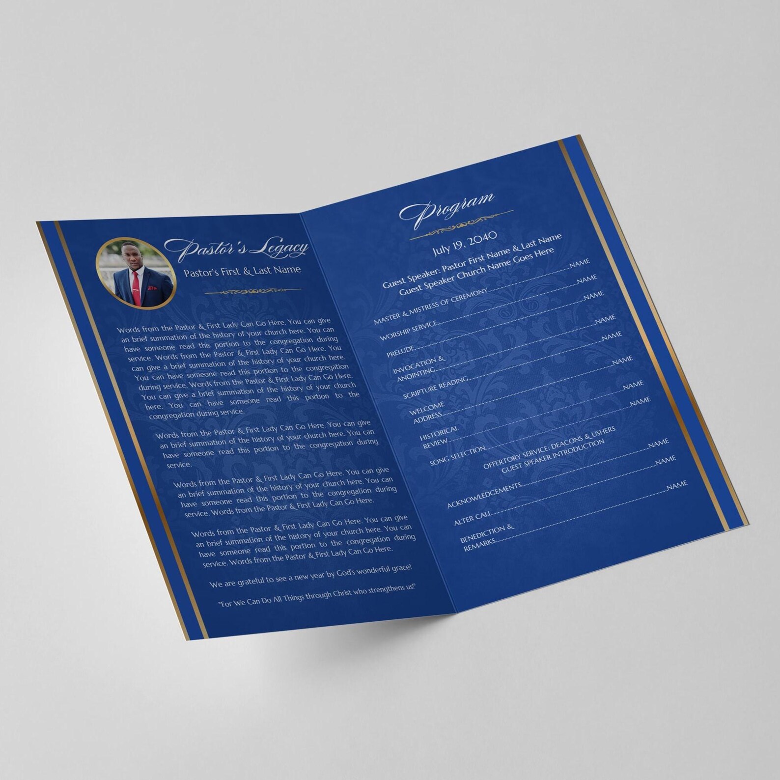 Blue & Gold Church Anniversary Program Template | Pastor Appreciation ...
