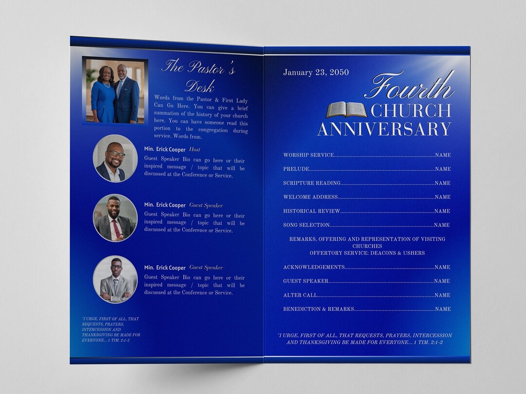 Canva Pastoral Anniversary Service Brochure | Blue Silver Pastor ...
