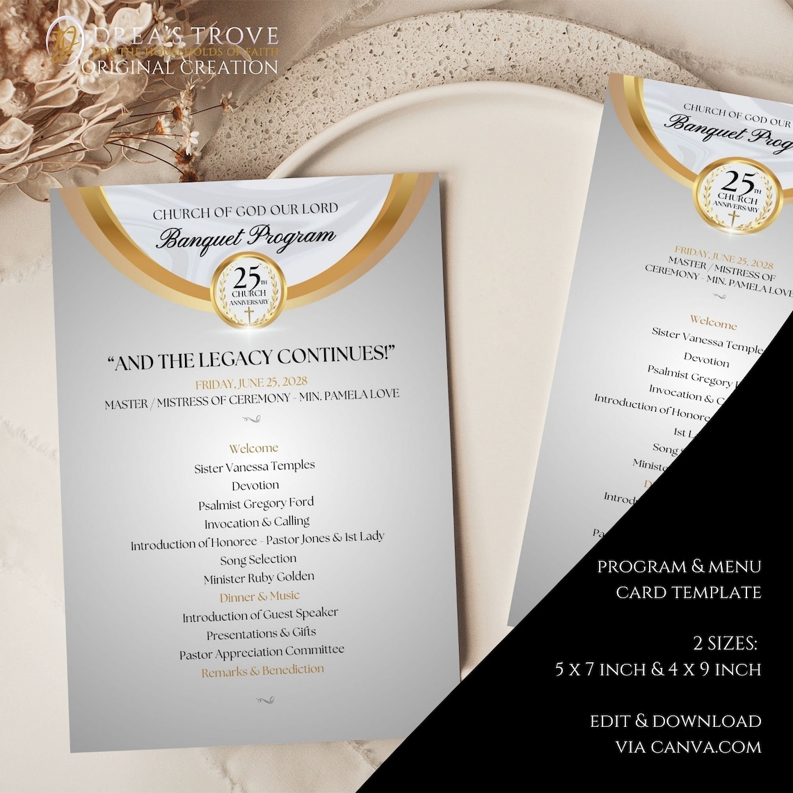 Church Banquet Menu Table Card Template | Silver, White, Gold (CANVA ...
