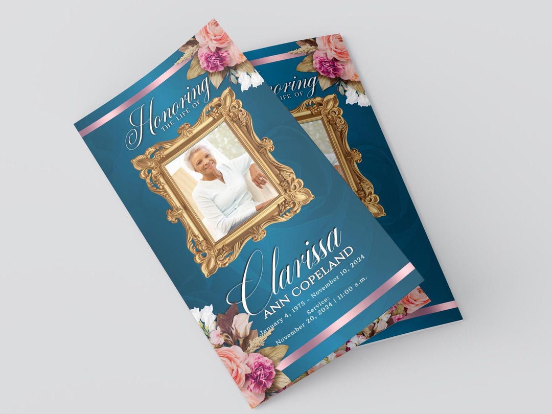 Floral Funeral Program Template | Pink Turquoise Obituary (17x11 ...