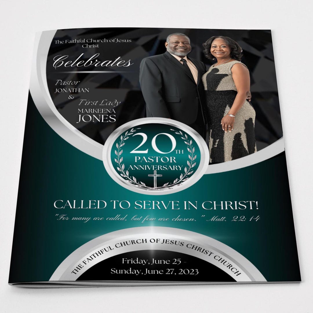 CANVA Pastor Church Anniversary Program Template | Teal Green & Silver ...