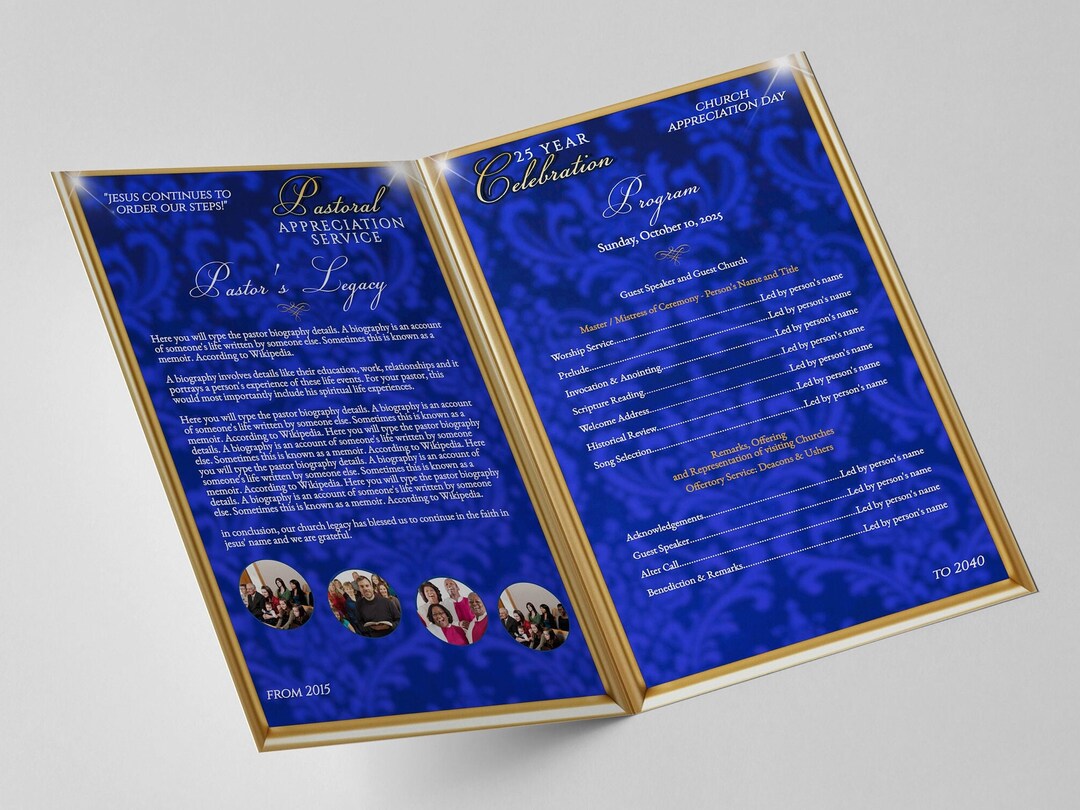 CORJL Pastor Appreciation Program Template | Editable | Blue Gold ...