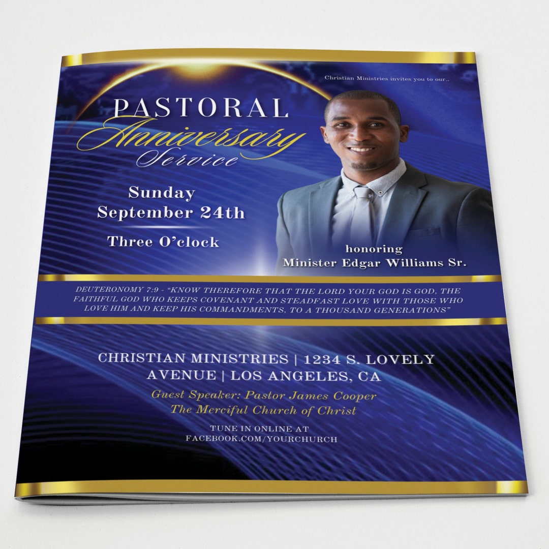 Pastor Anniversary Program Pastoral Church Canva Template Blue & Gold ...