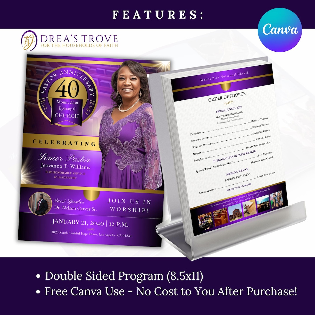 Purple Gold Church Program Template | Pastor Anniversary (canva ...