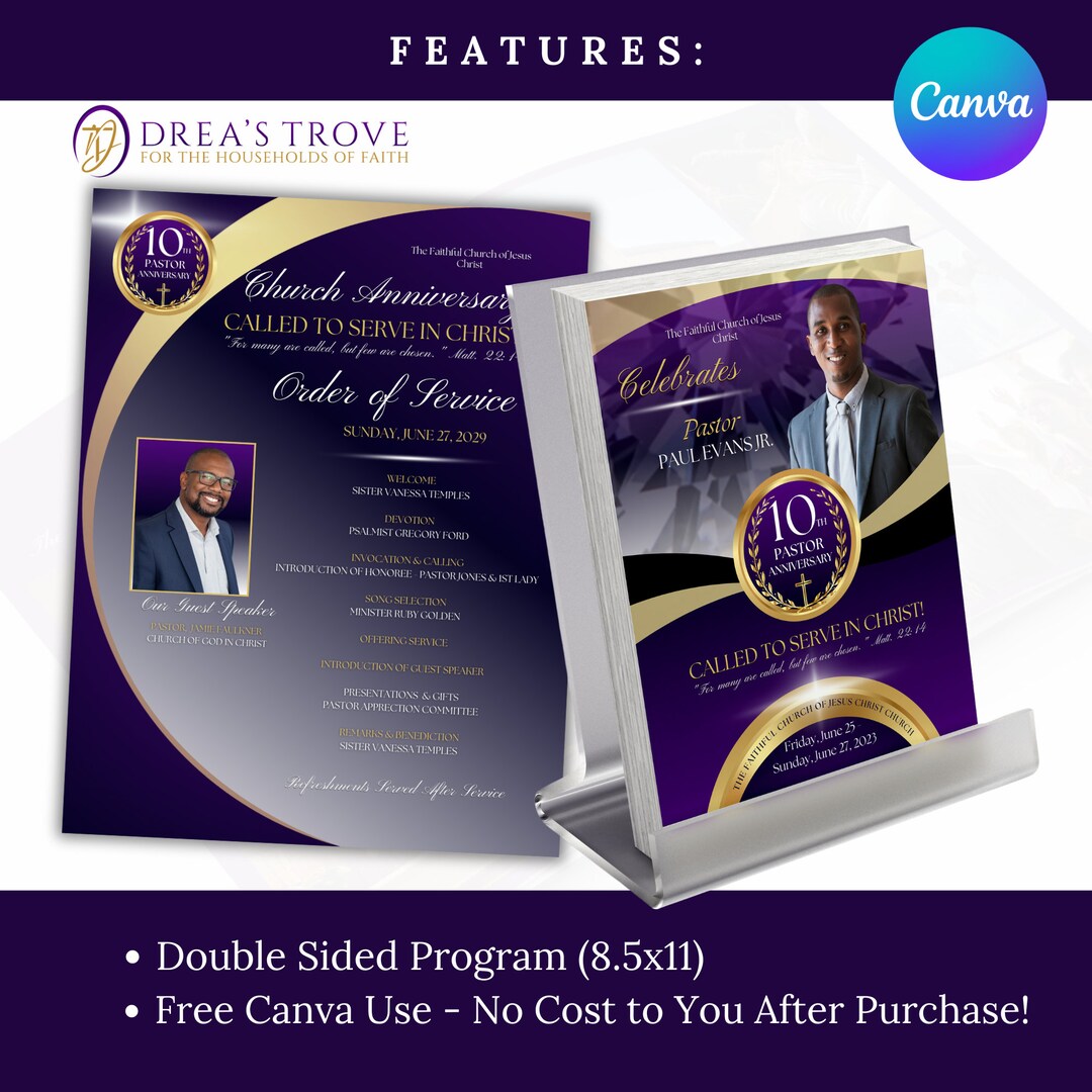 CANVA Purple Gold Church Anniversary Program | Double Sided Template ...