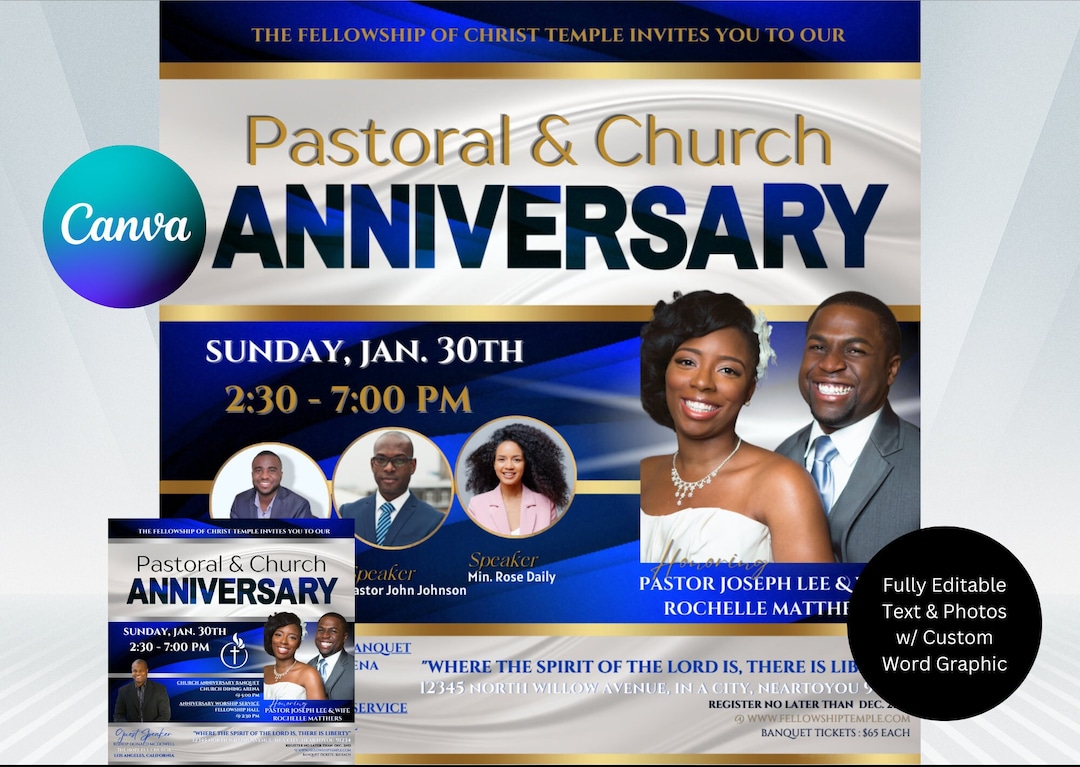 CANVA Church Anniversary Flyer | Royal Blue Silver & Gold | Editable ...