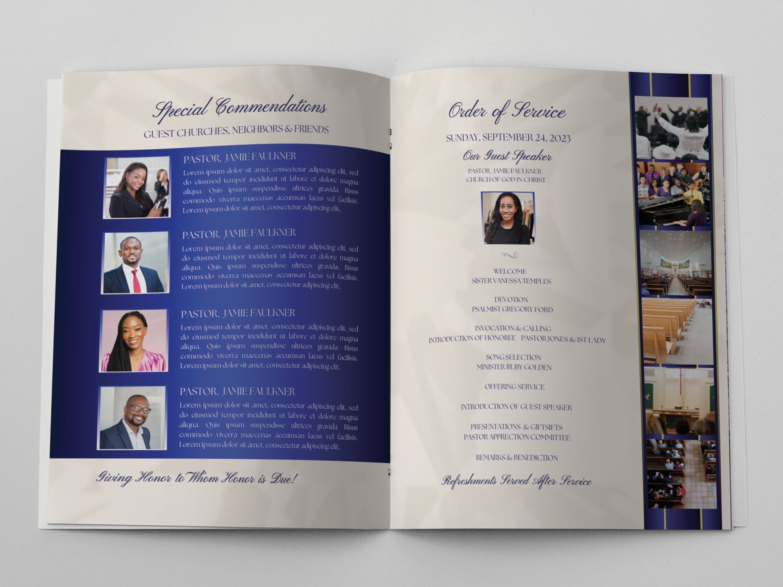 Blue & Gold Pastor Anniversary Program Template | Church Booklet (canva ...