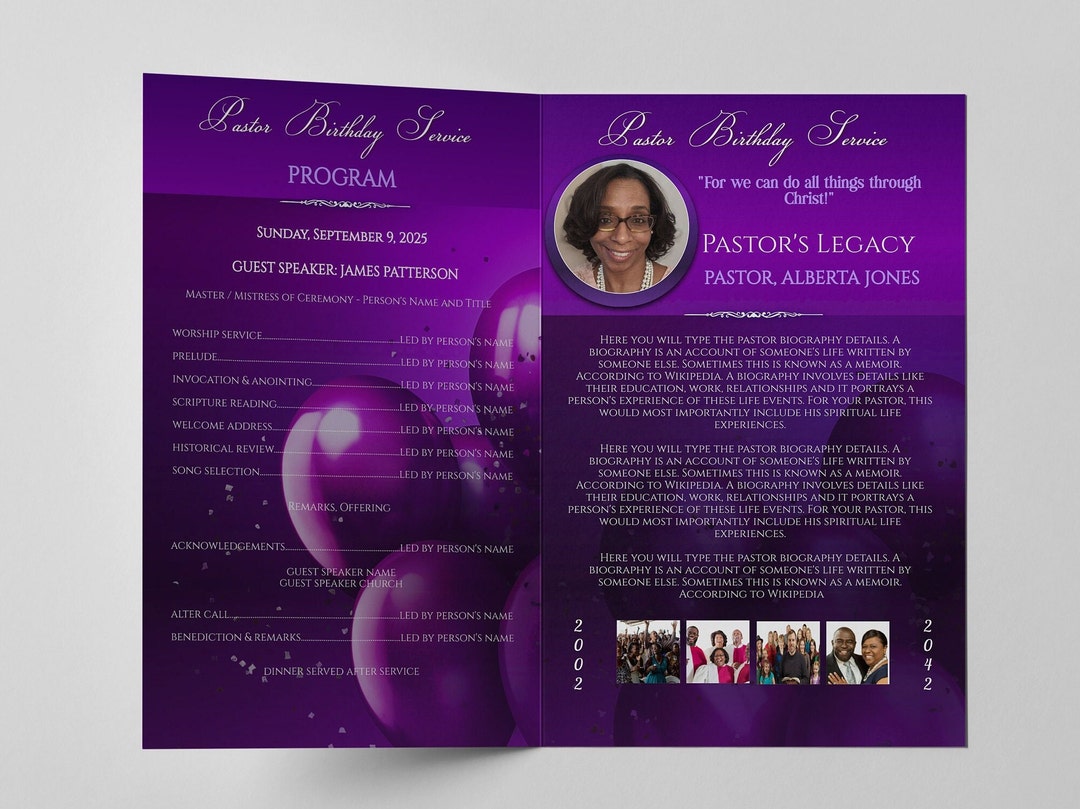 Purple Grace Church Program Template | Birthday, Homecoming (editable ...
