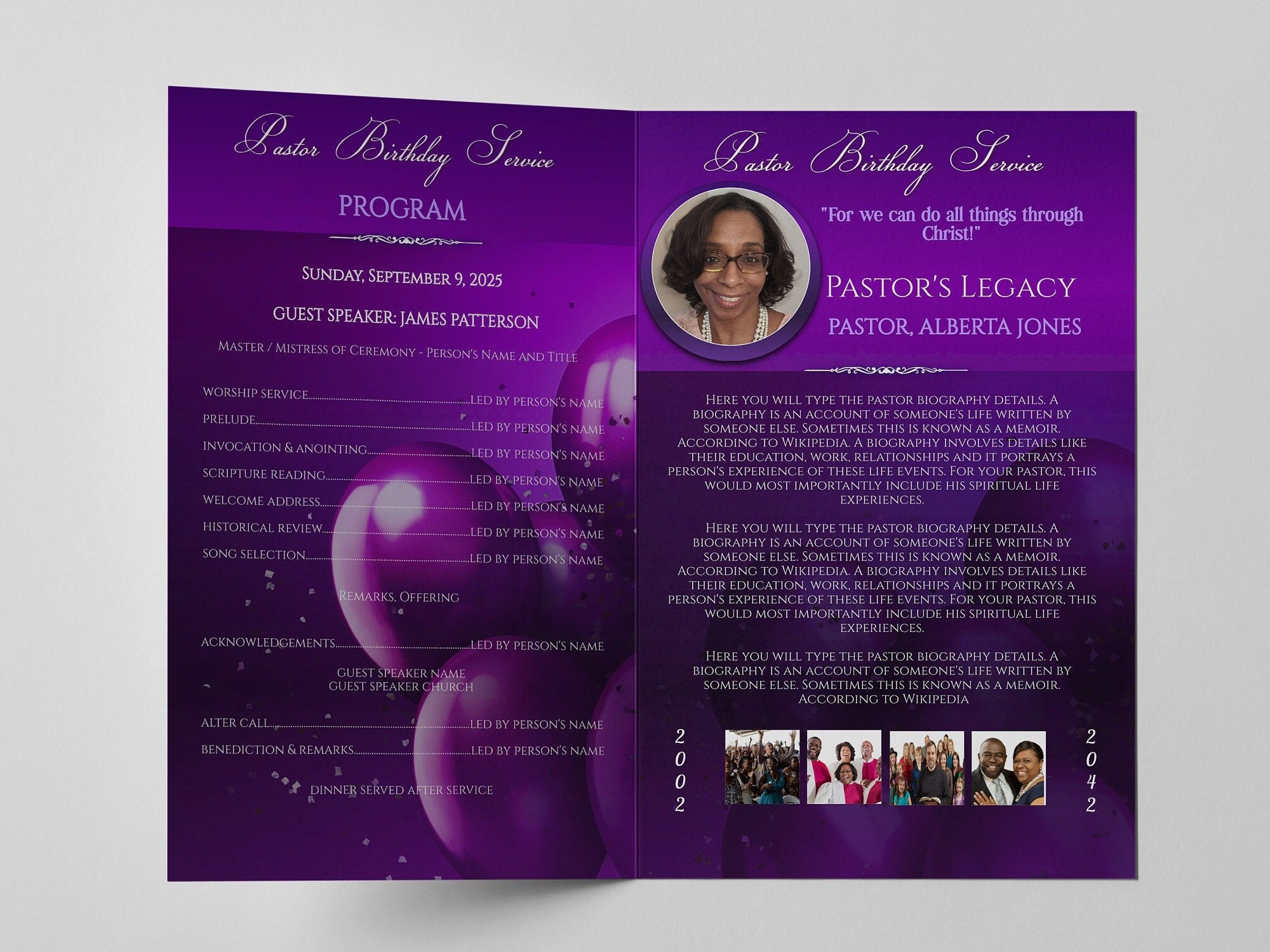 Purple Grace Church Program Template | Birthday, Homecoming (editable ...