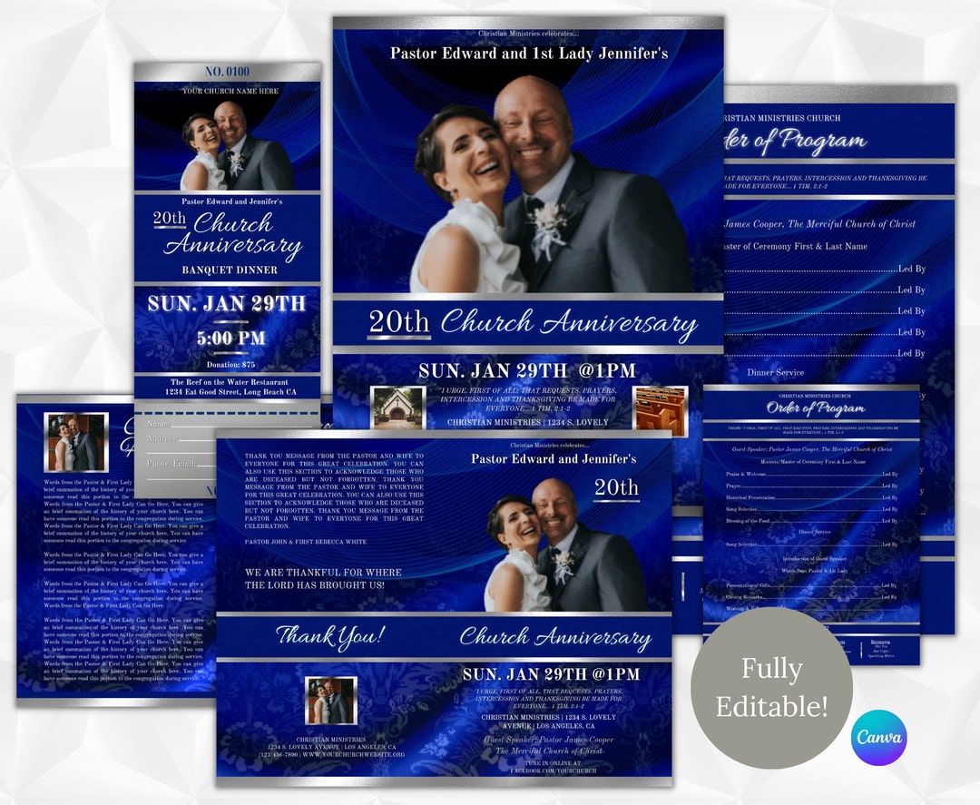 Blue & Silver Church Anniversary Program Bundle (canva Editable) - Etsy