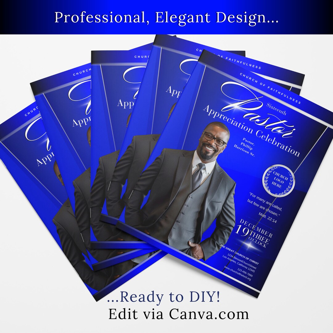 CANVA Pastor Program Template Royal Modern Blue Booklet Program Size ...