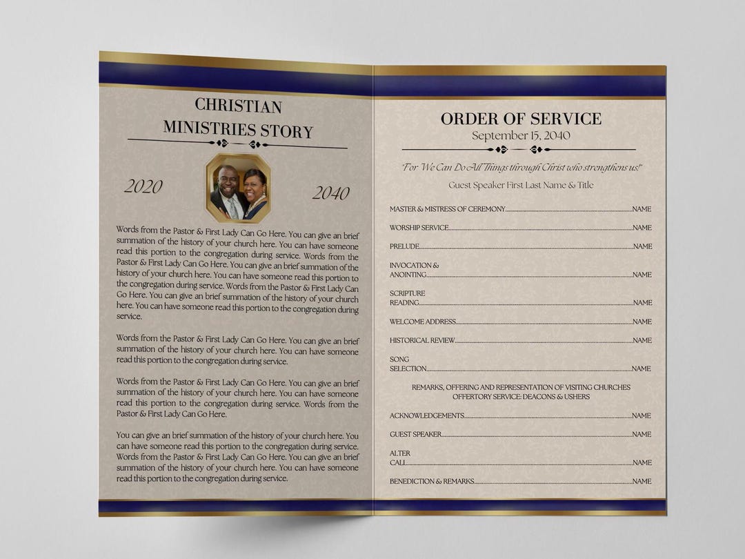 CANVA Blue Gold Pastor Appreciation Church Program | Size: 11x8.5 ...