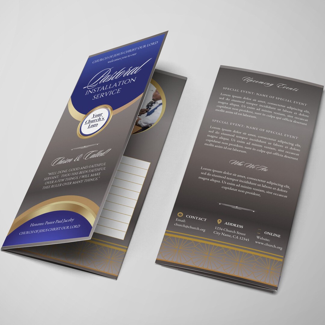 CANVA Blue Gold Church Trifold / Pastor Church Anniversary | Size: 11x8 ...