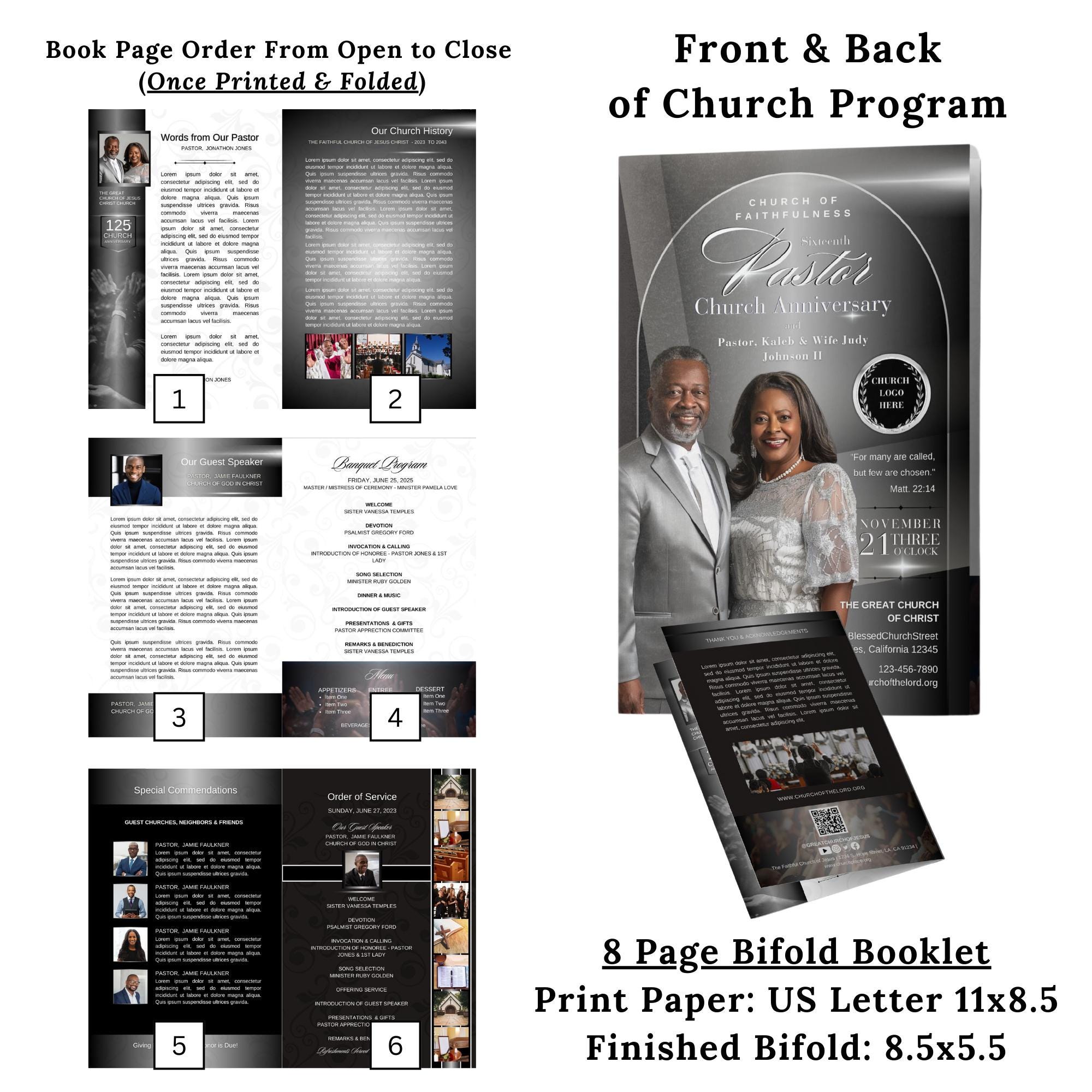 Elegant Church Program Template | Black, White, Silver (canva Editable ...