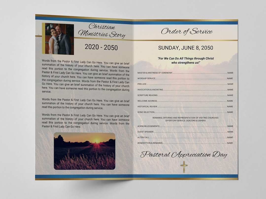 CANVA Pastor Appreciation Day Program Template Rich Blue Gold Canva ...
