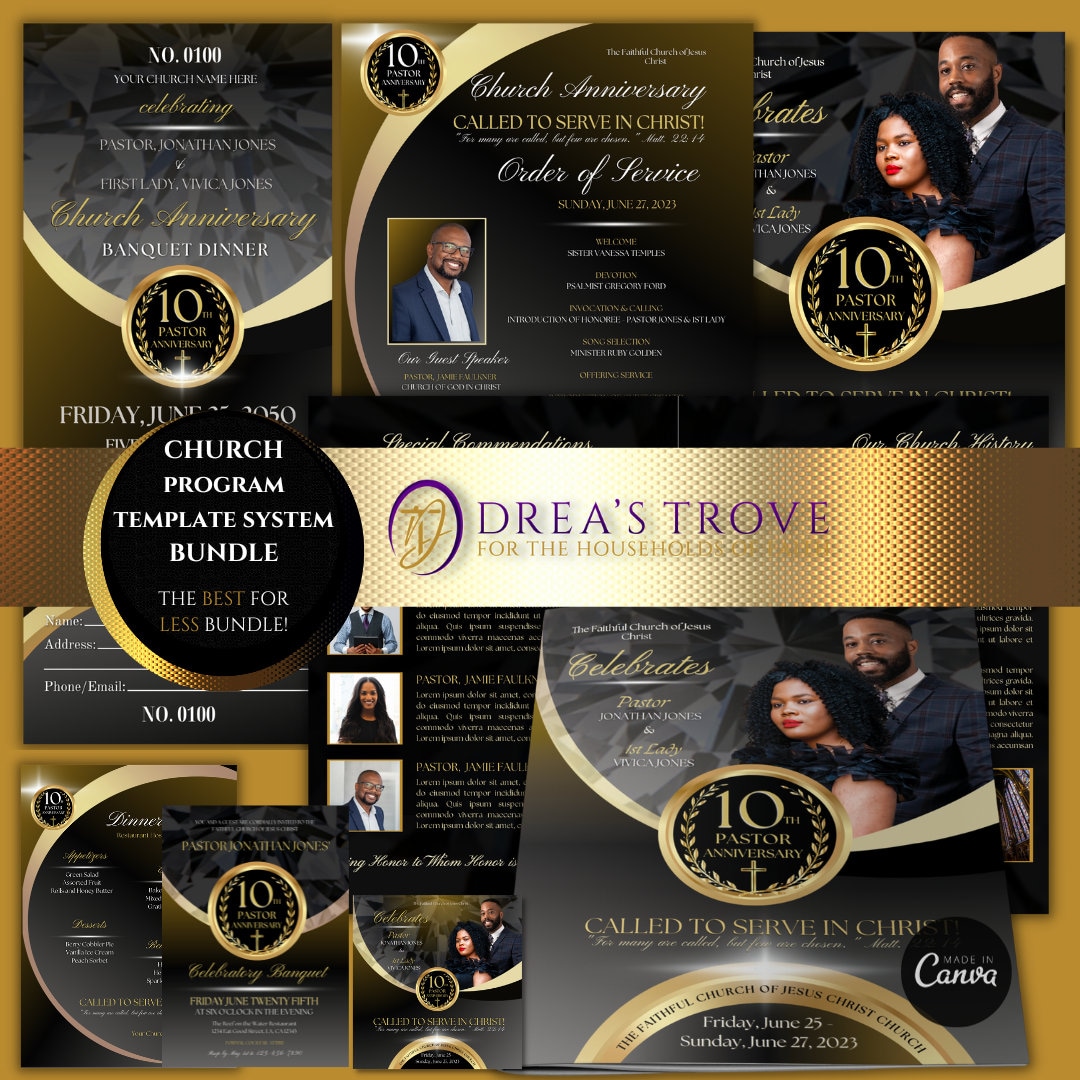 CANVA Church Anniversary Template Bundle Black & Gold Program, Flyer ...