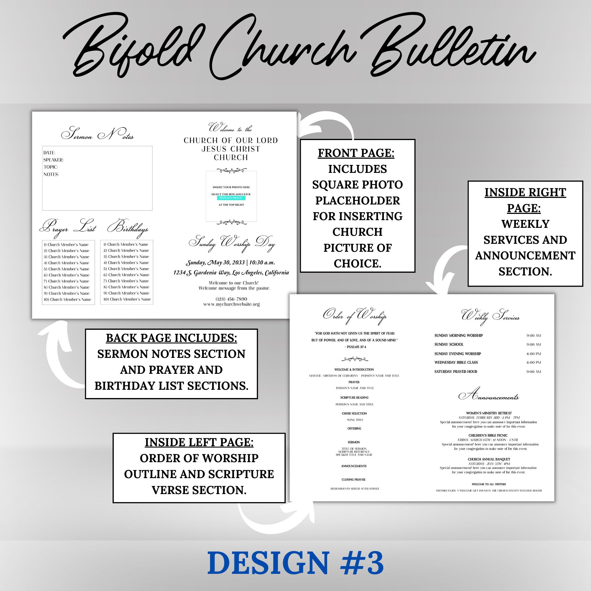 Church Bulletin Template | 3 Styles, 2 Sizes (edit in Corjl) - Etsy