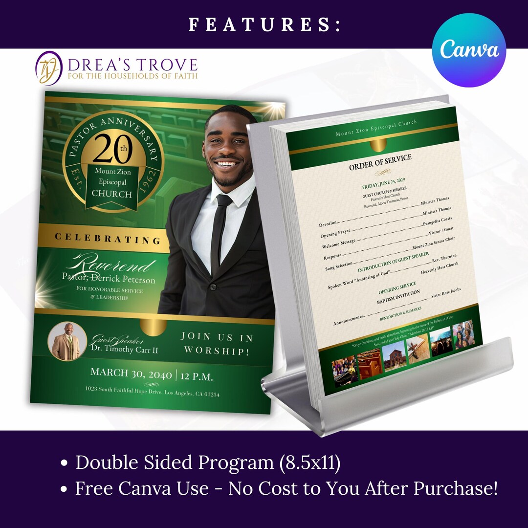 Green & Gold Church Program Template | Pastor Anniversary (canva ...