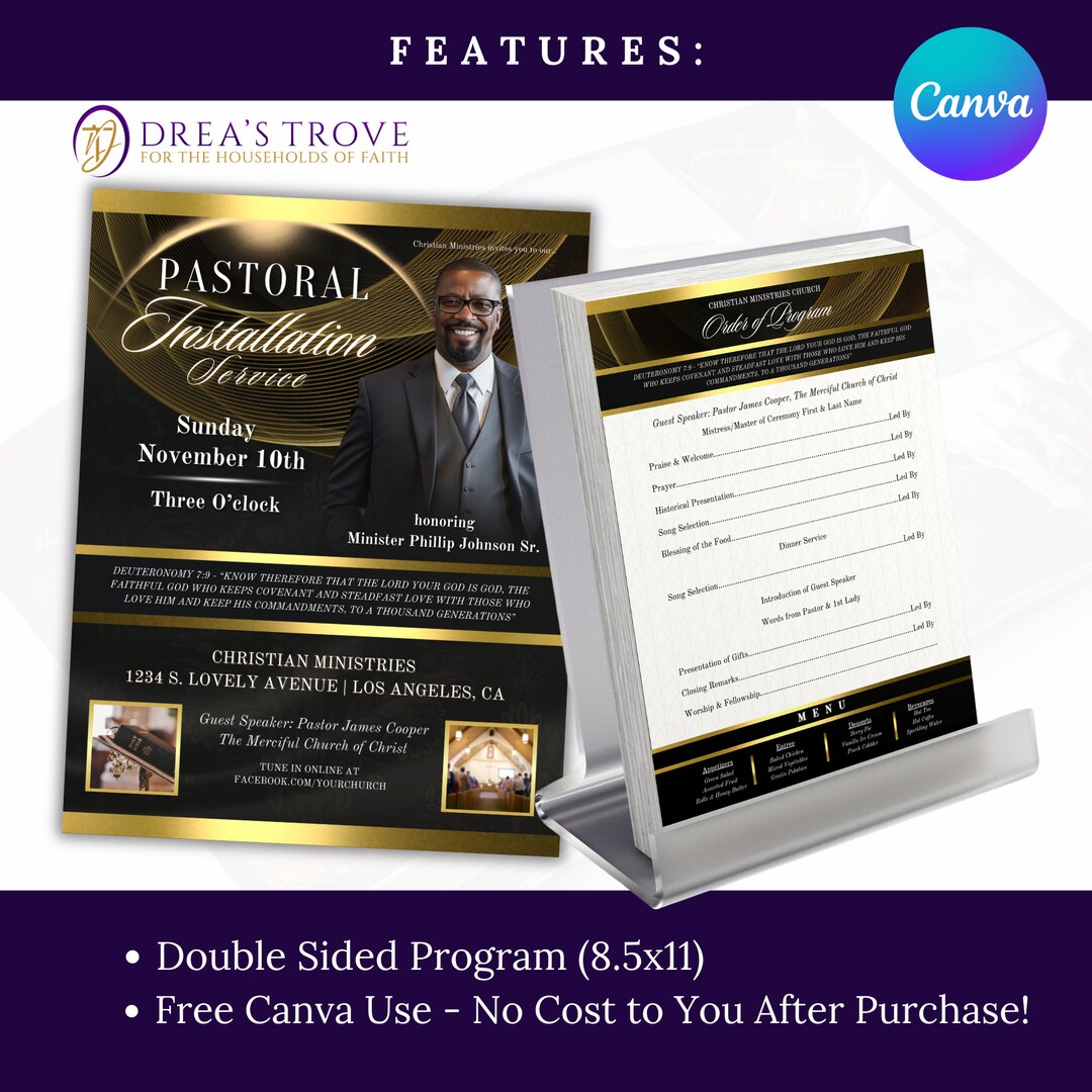 CANVA Black Gold Pastor Installation Program | Double Sided Template ...