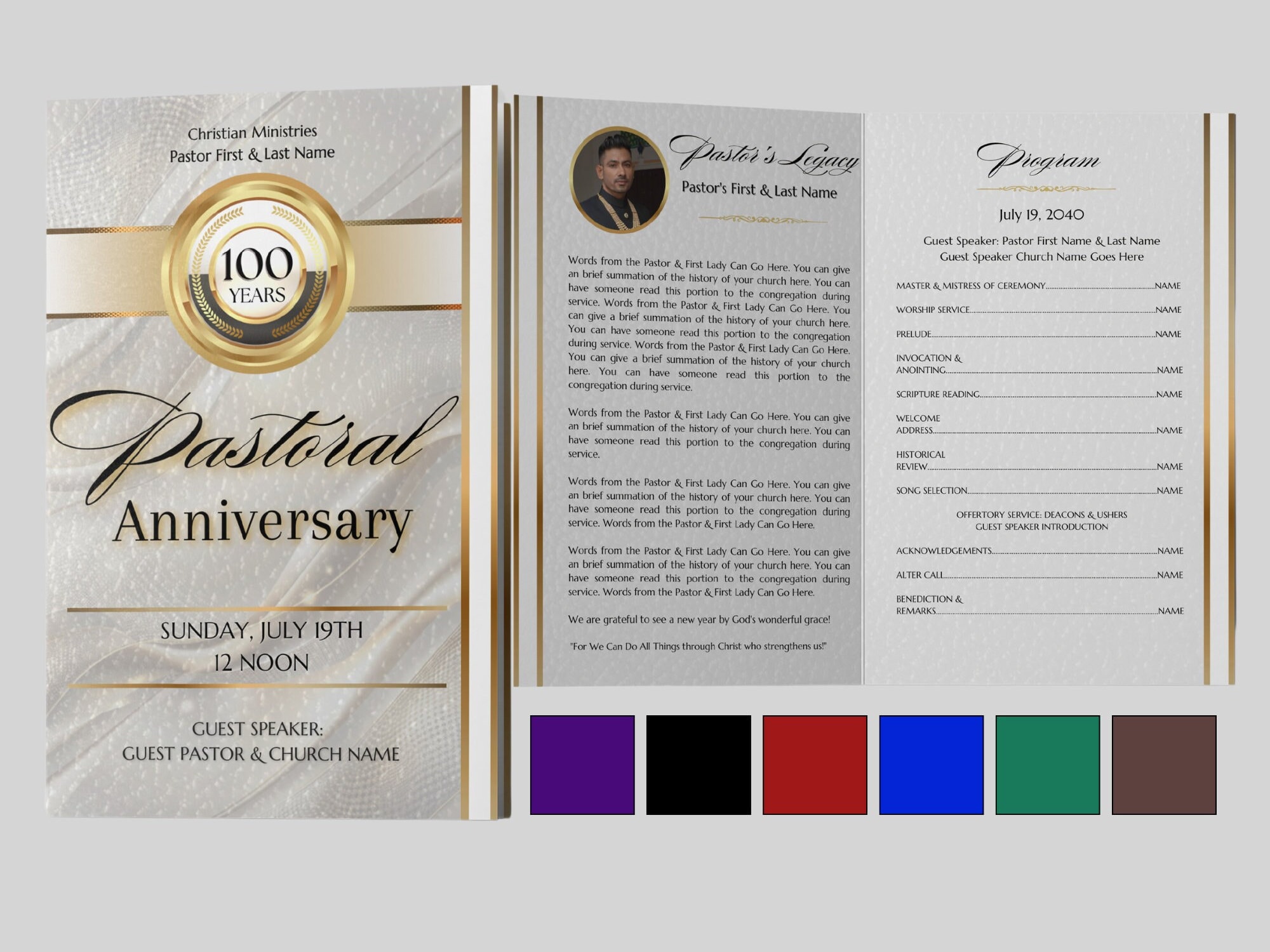 Church Anniversary Program Template | White & Gold Bifold (canva ...