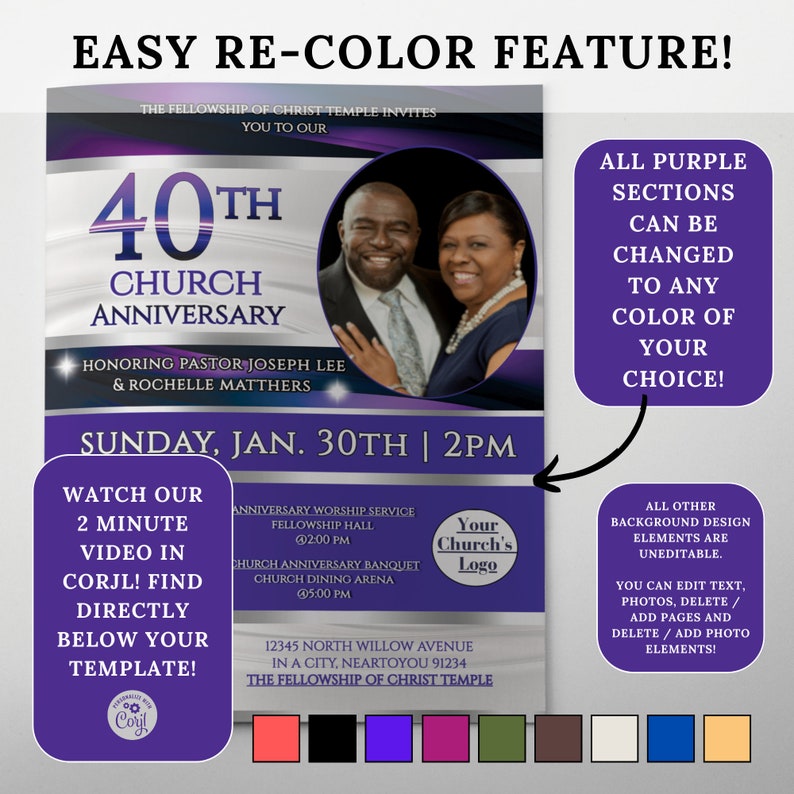 Purple & Silver Church Anniversary Program Template | Editable in Corjl ...