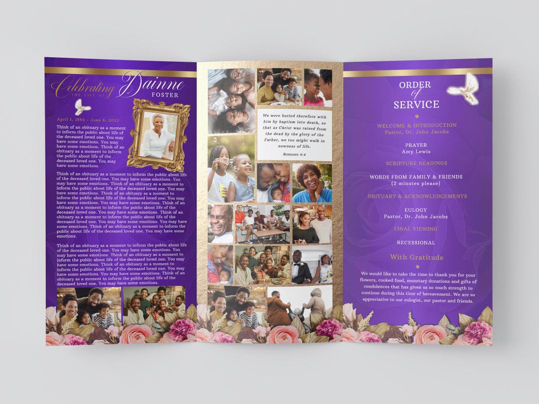 Floral Funeral Program Template | Royal Purple Obituary (17x11 Tabloid ...