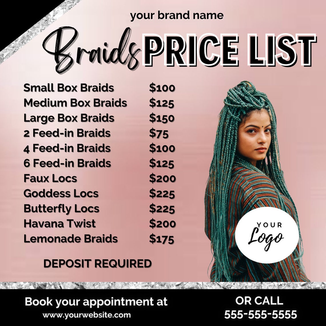 Braids Price List Flyer, Hair Price List, Knotless Braids Special, Hair ...