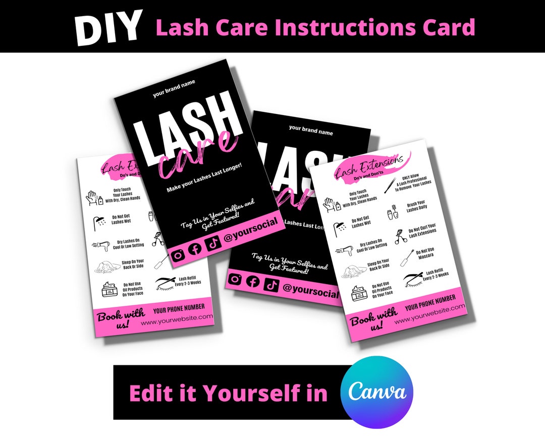 Pink Lash Care Card, DIY Lash Care Aftercare, Care Card Template, Lash ...