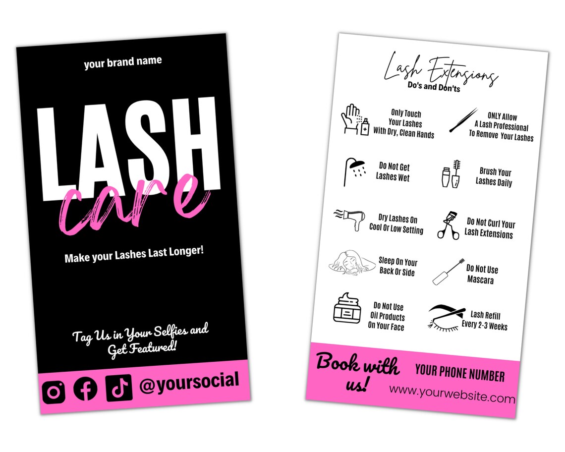 Pink Lash Care Card, DIY Lash Care Aftercare, Care Card Template, Lash ...
