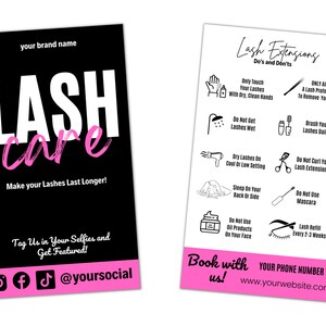 Pink Lash Care Card, DIY Lash Care Aftercare, Care Card Template, Lash ...