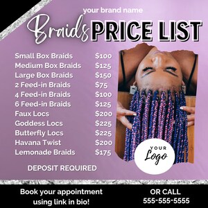 Braids Price List Flyer, Hair Price List, Knotless Braids Special, Hair ...