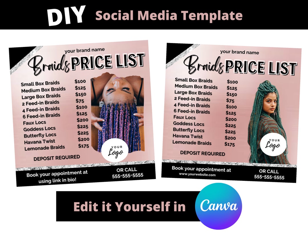 Braids Price List Flyer, Hair Price List, Knotless Braids Special, Hair ...