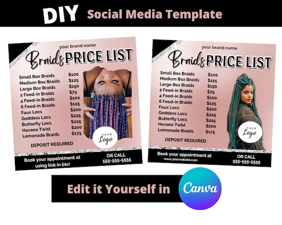 Braids Price List Flyer Hair Price List Knotless Braids - Etsy India
