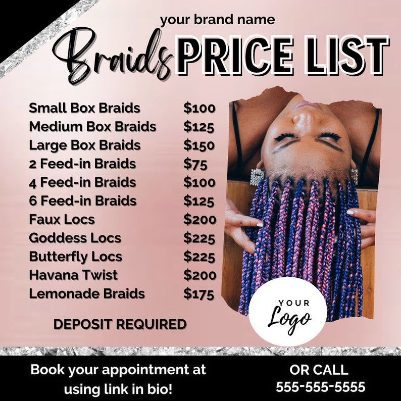 Braids Price List Flyer, Hair Price List, Knotless Braids Special, Hair ...