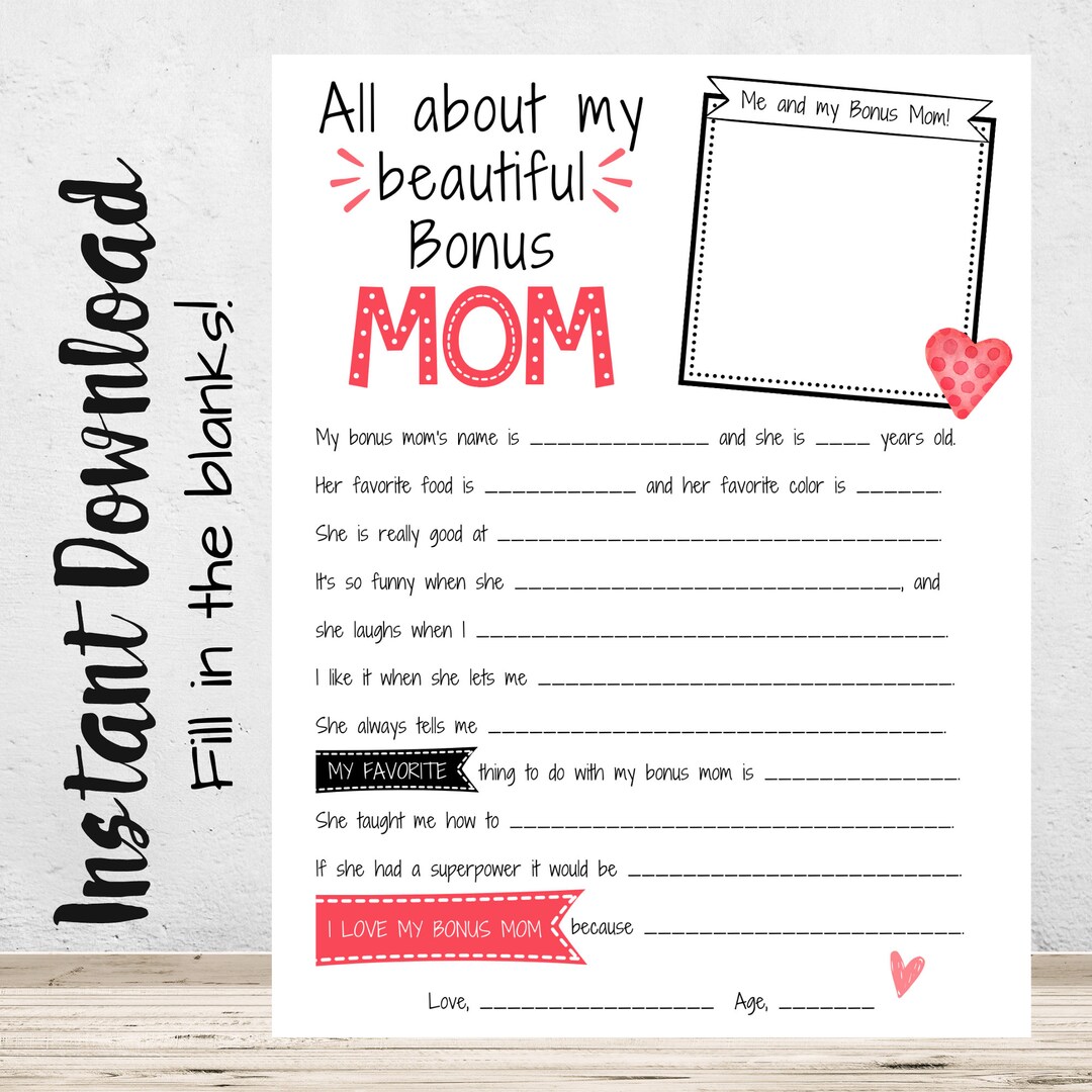 All About My Beautiful Bonus Mom, Fill in the Blanks, Questionnaire ...