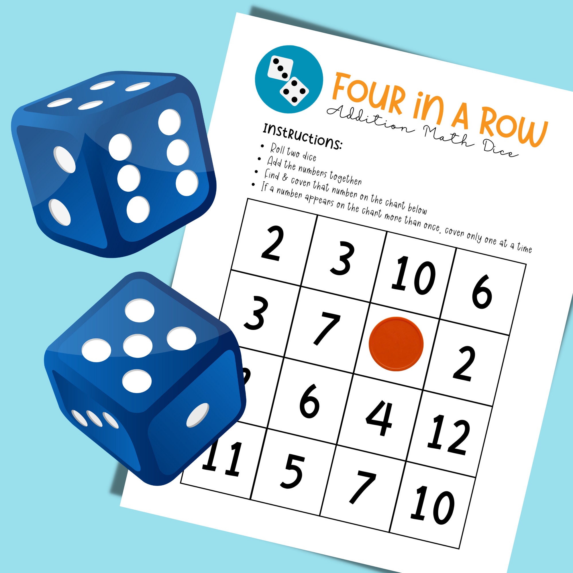 Four in a Row Addition Math Dice, Dice Game, Printable Math Game for ...