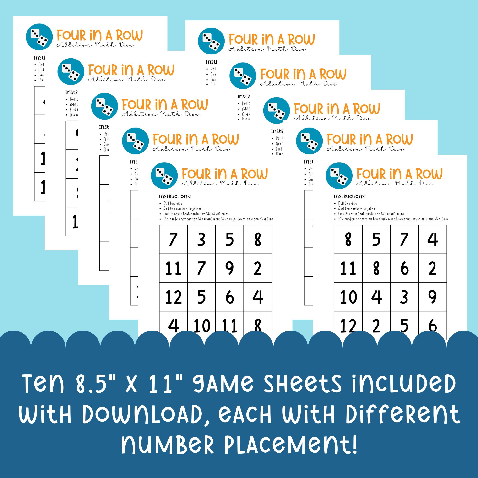 Four in a Row Addition Math Dice, Dice Game, Printable Math Game for ...