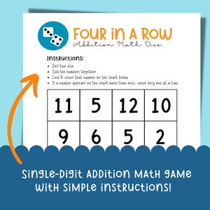 Four in a Row Addition Math Dice, Dice Game, Printable Math Game for ...
