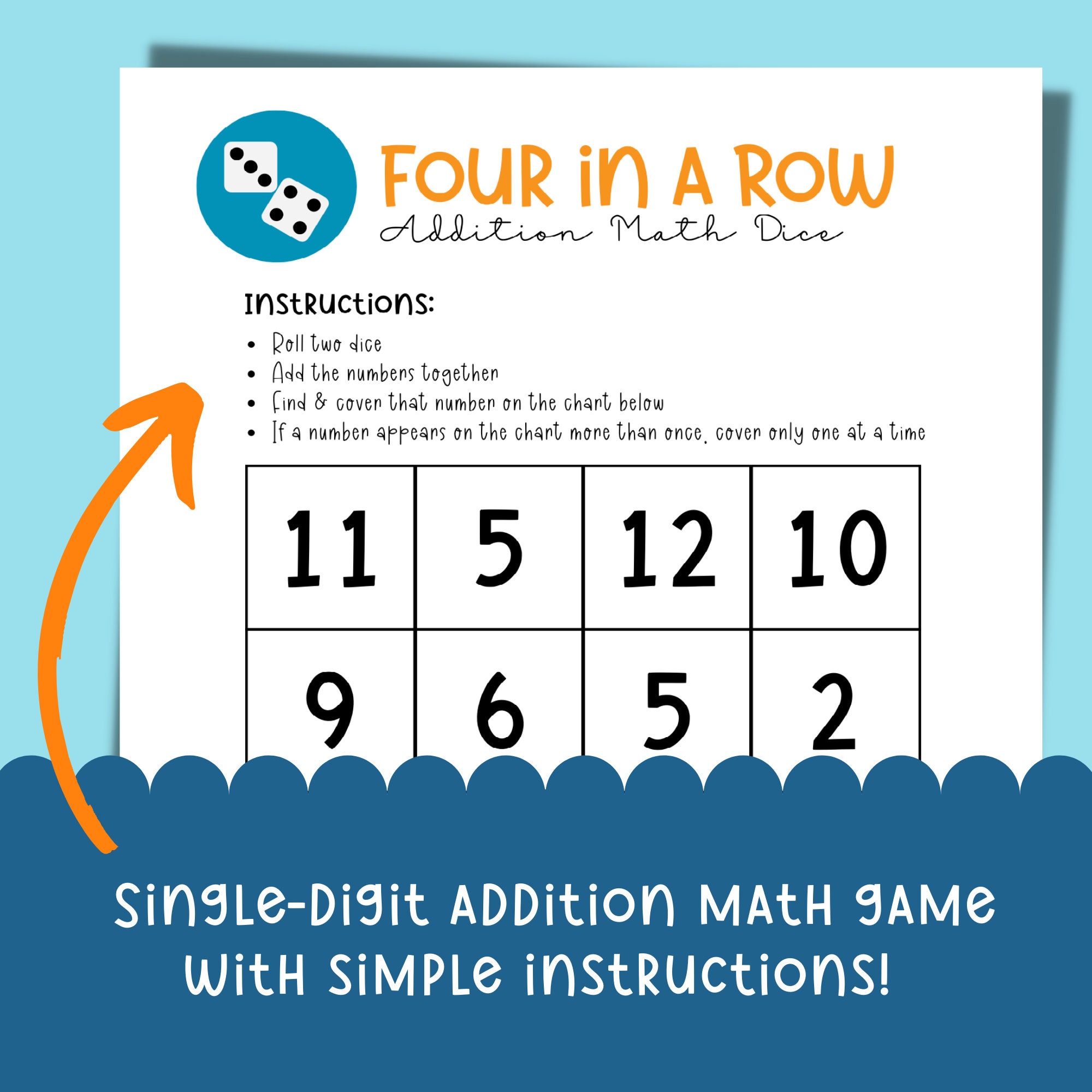 Four in a Row Addition Math Dice, Dice Game, Printable Math Game for ...