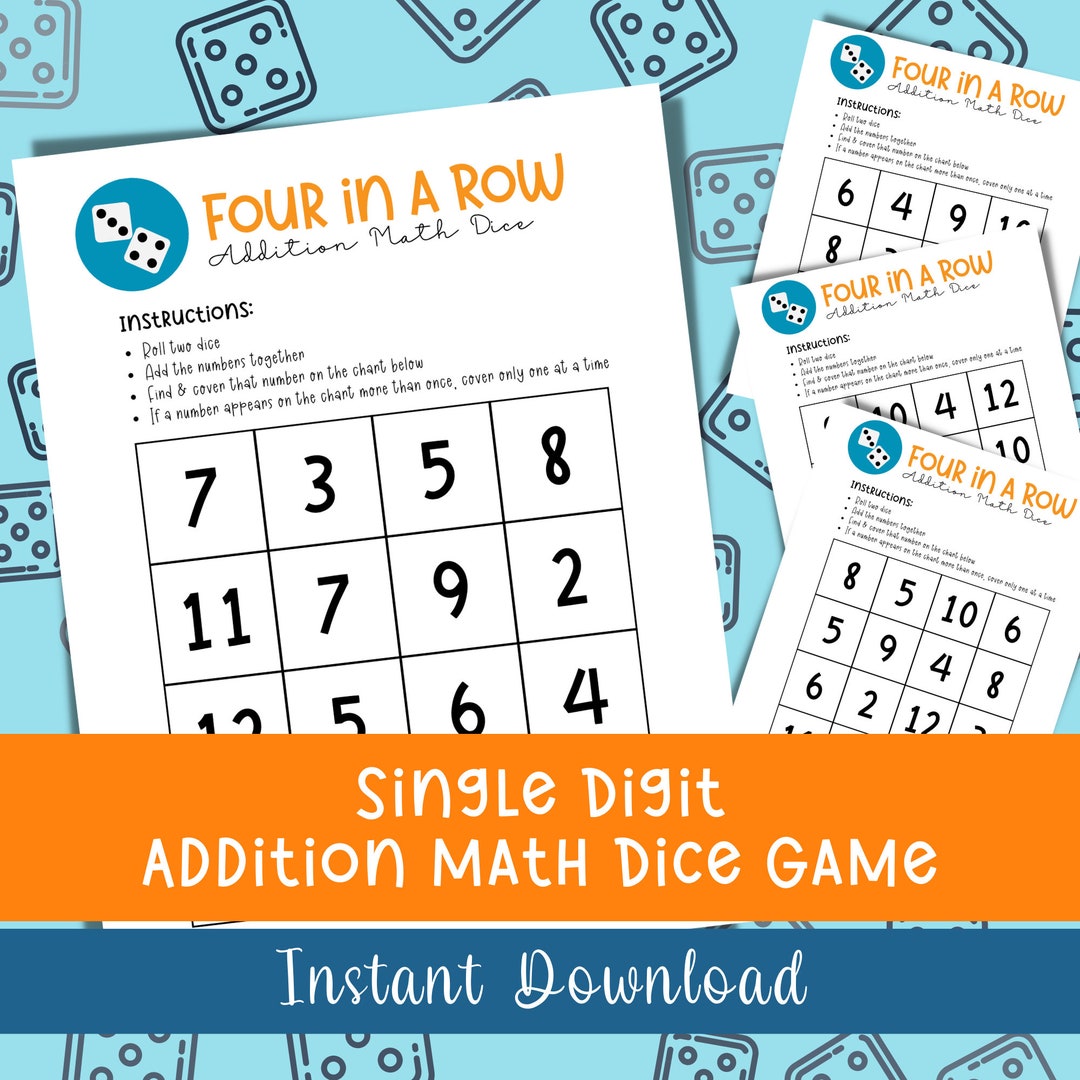Four in a Row Addition Math Dice, Dice Game, Printable Math Game for ...