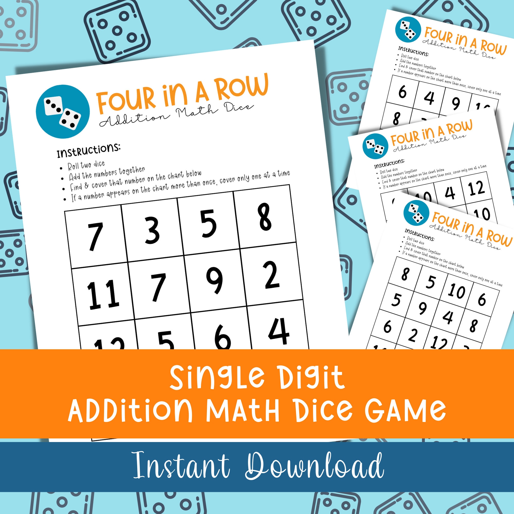 Four in a Row Addition Math Dice, Dice Game, Printable Math Game for ...