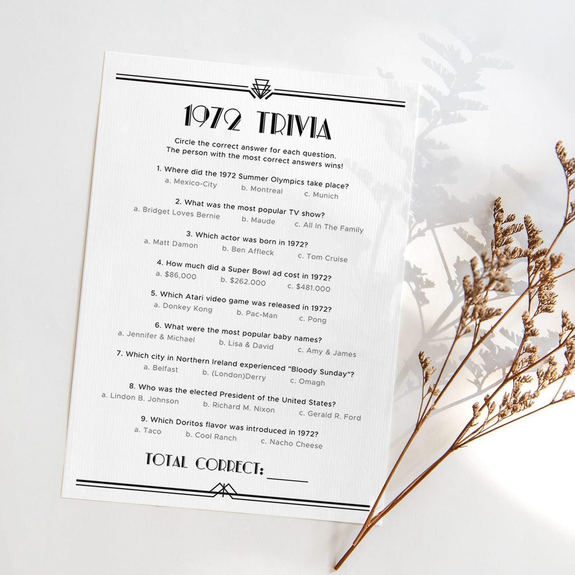 Fun Facts Quiz About 1972 Trivia Game Printable Birthday Party ...