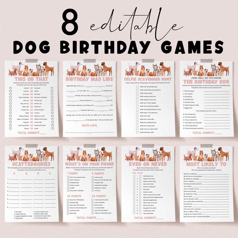 Editable Dog Birthday Party Games Bundle Let's Pawty Templates Puppy ...
