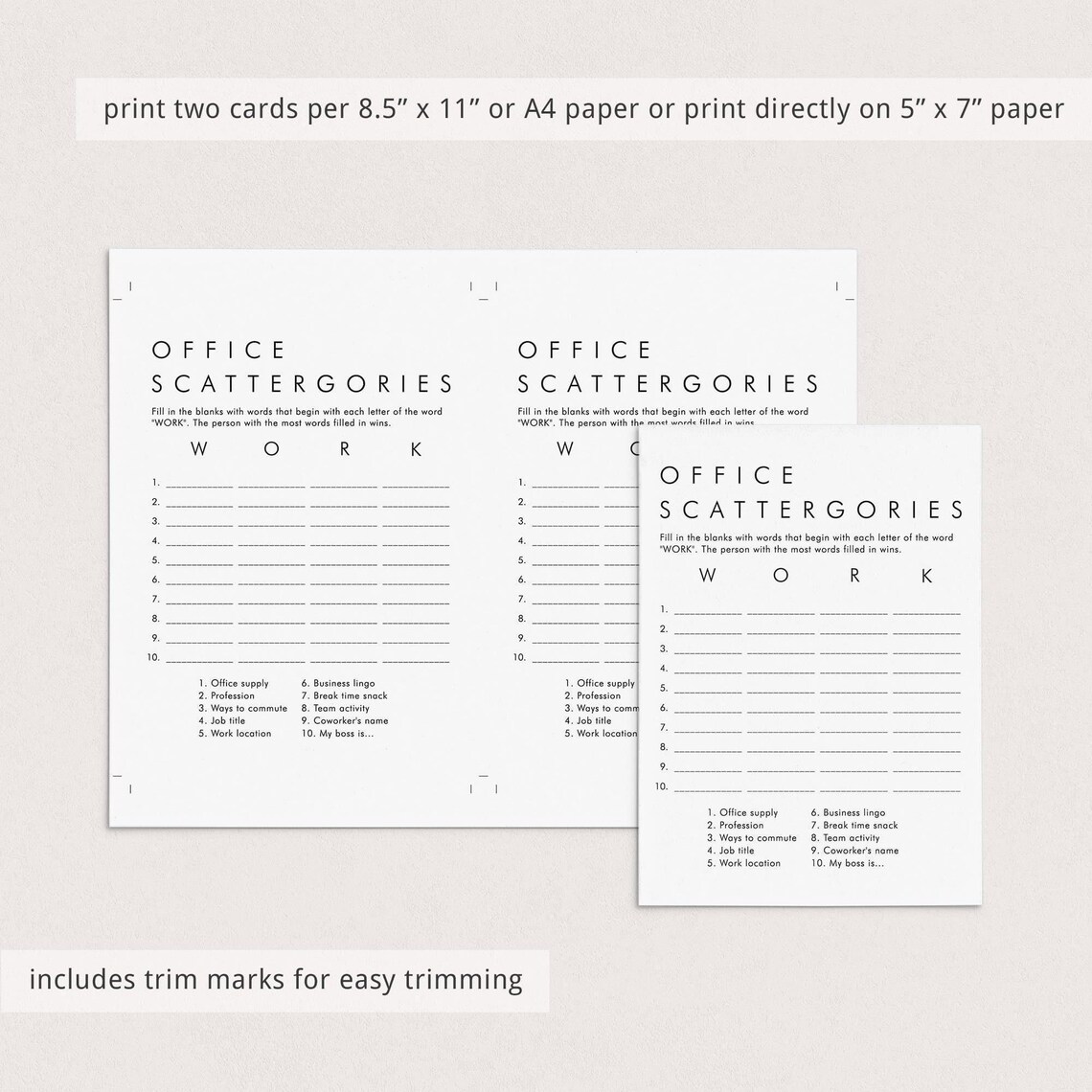 Office Scattergories Game Printable | Minimalist Office Party Game ...