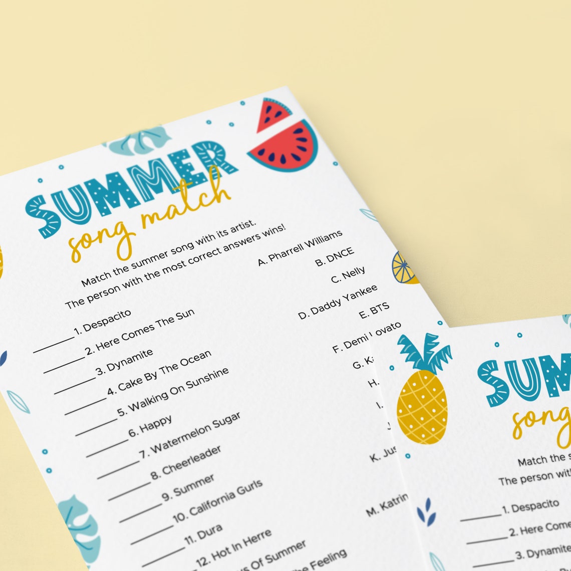 Summer Song Match Game Instant Download Summertime Music Matching Game ...