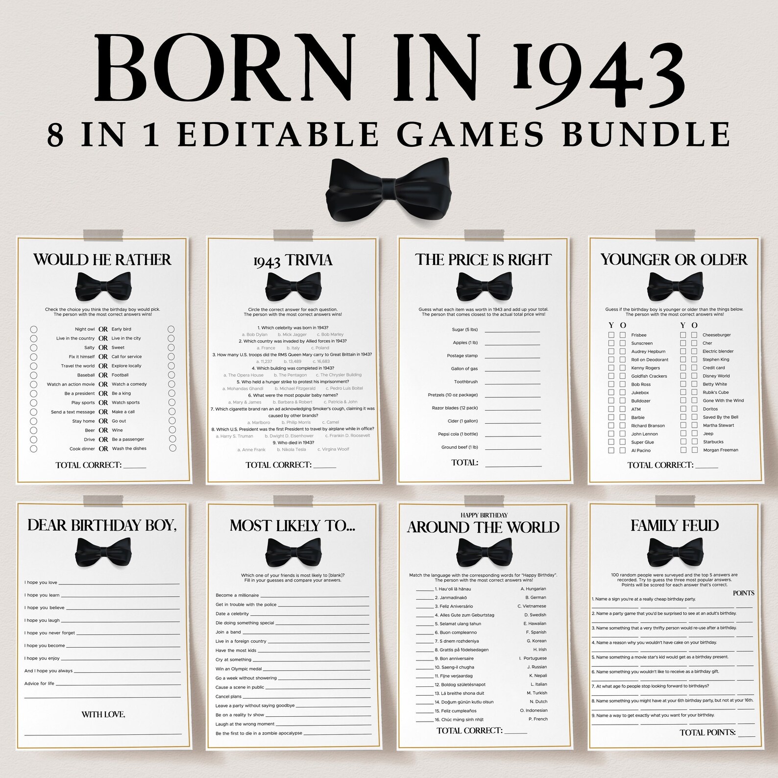 Born in 1943 Birthday Games Pack for Men Birthday Party Games Printable ...