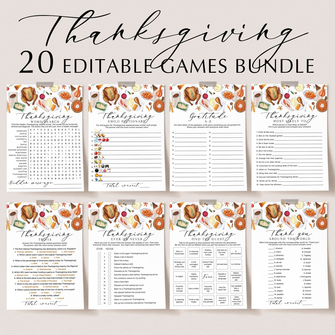 Thanksgiving Games Printable for Kids and Adult Dinner Party Activities ...