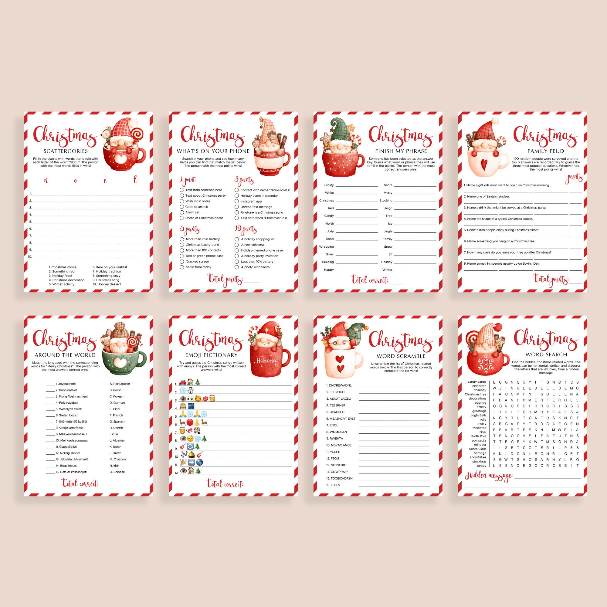 Cute Gnomes Christmas Games Bundle Printable Hot Chocolate Xmas ...